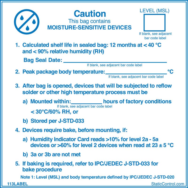 113 Moisture Sensitive Caution Label